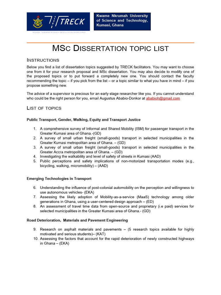 DISSERTATION TOPIC LIST 2023-2024-Draft | PDF | Road Traffic Safety | Road