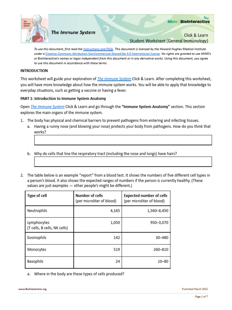 Student Worksheet - General Immunology | PDF | Immune System | Adaptive ...