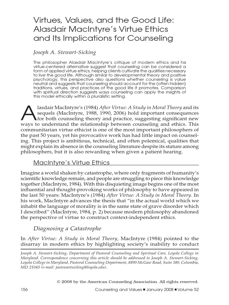 DONE Counseling and Values - 2011 - Stewart Sicking - Virtues Values and The Good Life Alasdair ...