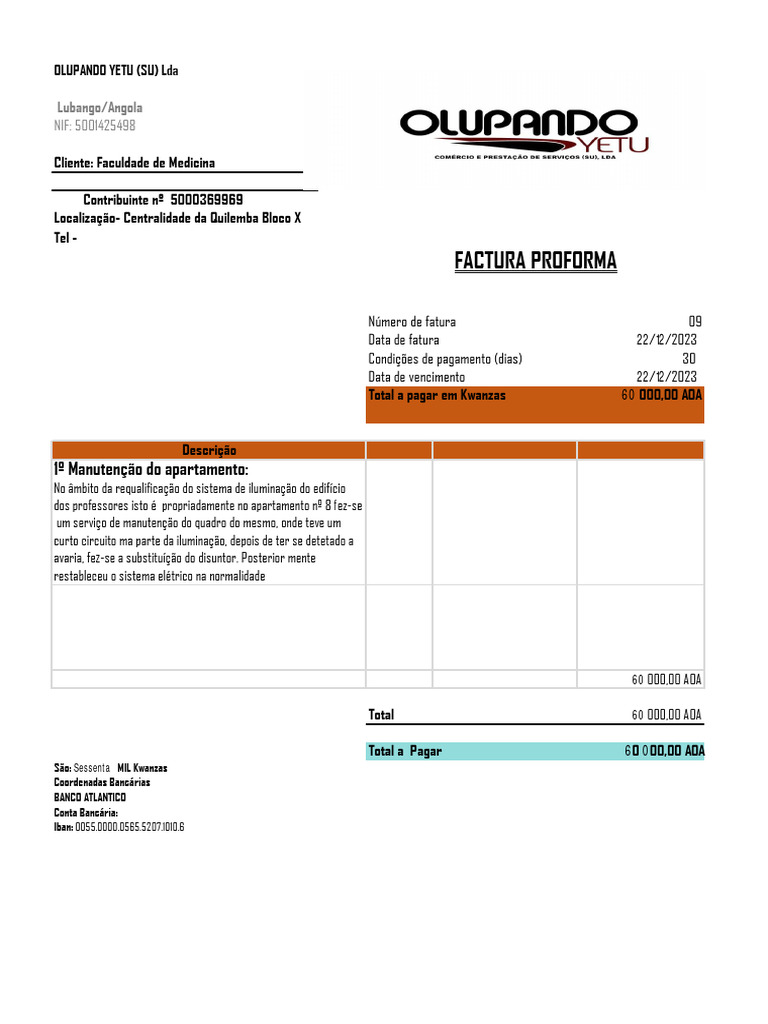 Factura Proforma: Cliente: Faculdade de Medicina Contribuinte Nº 5000369969 Tel | PDF