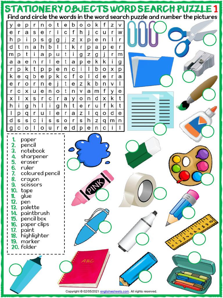 Stationery Objects Vocabulary Esl Word Search Puzzle Worksheets For ...