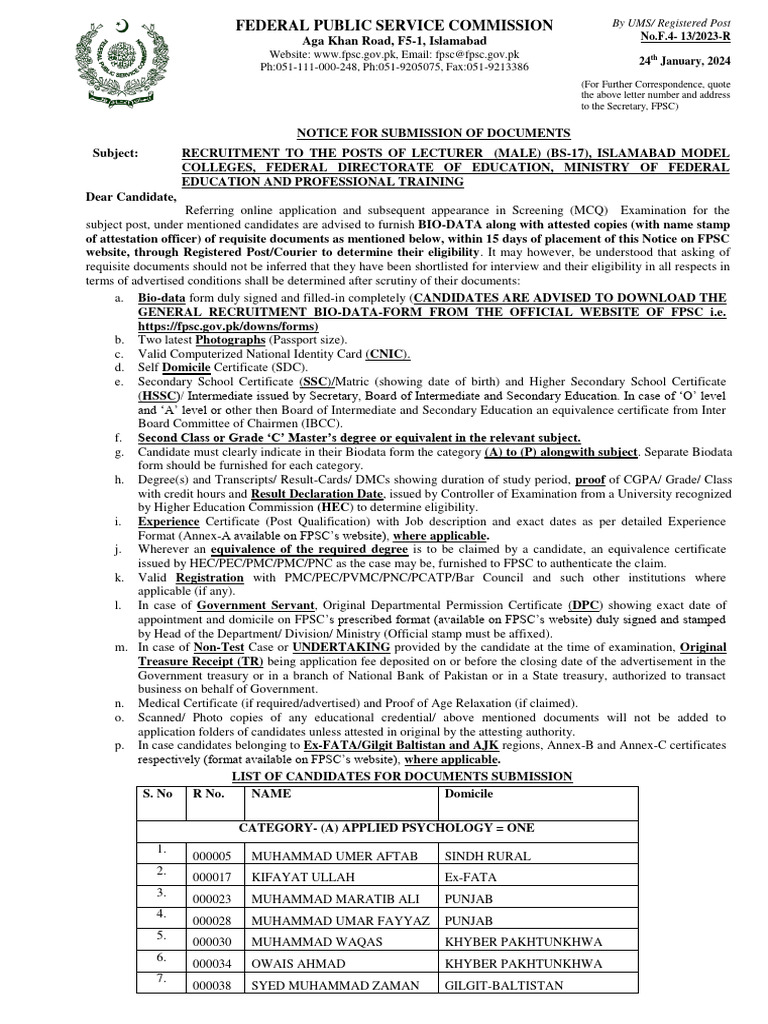 Federal Public Service Commission | PDF | Khyber Pakhtunkhwa