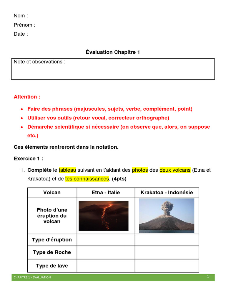 Évaluation des Volcans pour CM2 | PDF | Magma | Types d'éruptions ...
