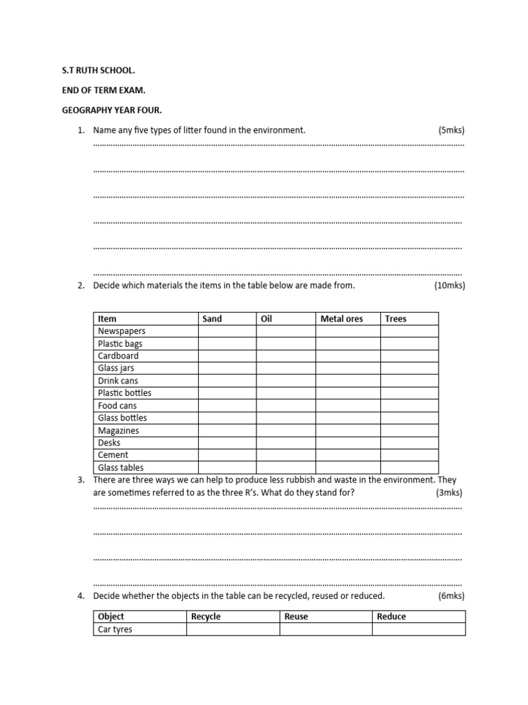Geography Year 4 Test | PDF | Recycling | Waste