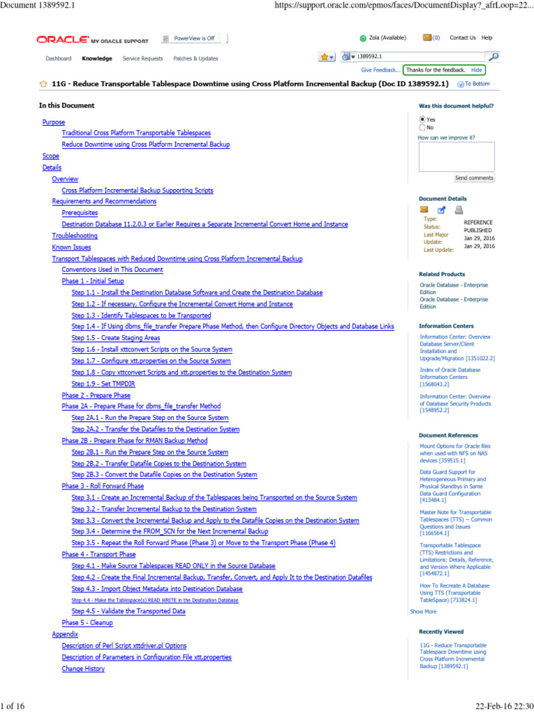 11G-Reduce XTTS Downtime Using Cross Platform Incremental Backup | PDF | Backup | Databases