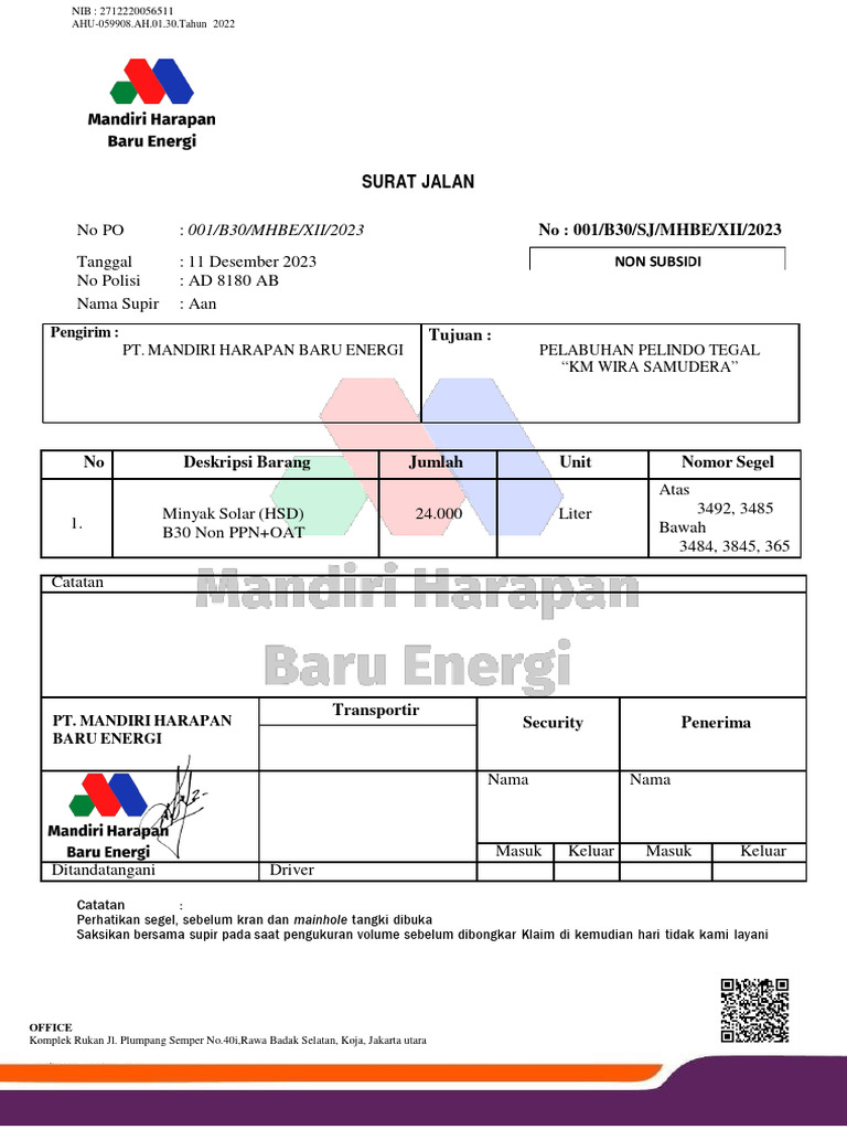 Surat Jalan Pengiriman Minyak Solar | PDF