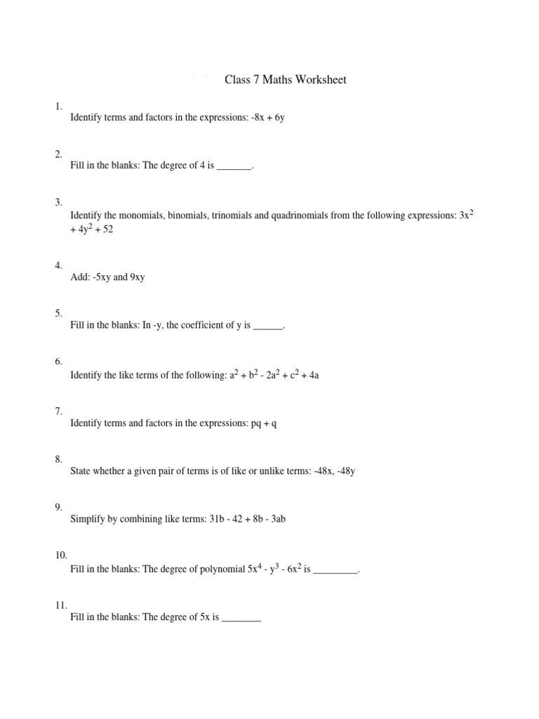 CBSE Class 7 Maths Worksheet | PDF | Factorization | Mathematics Of ...