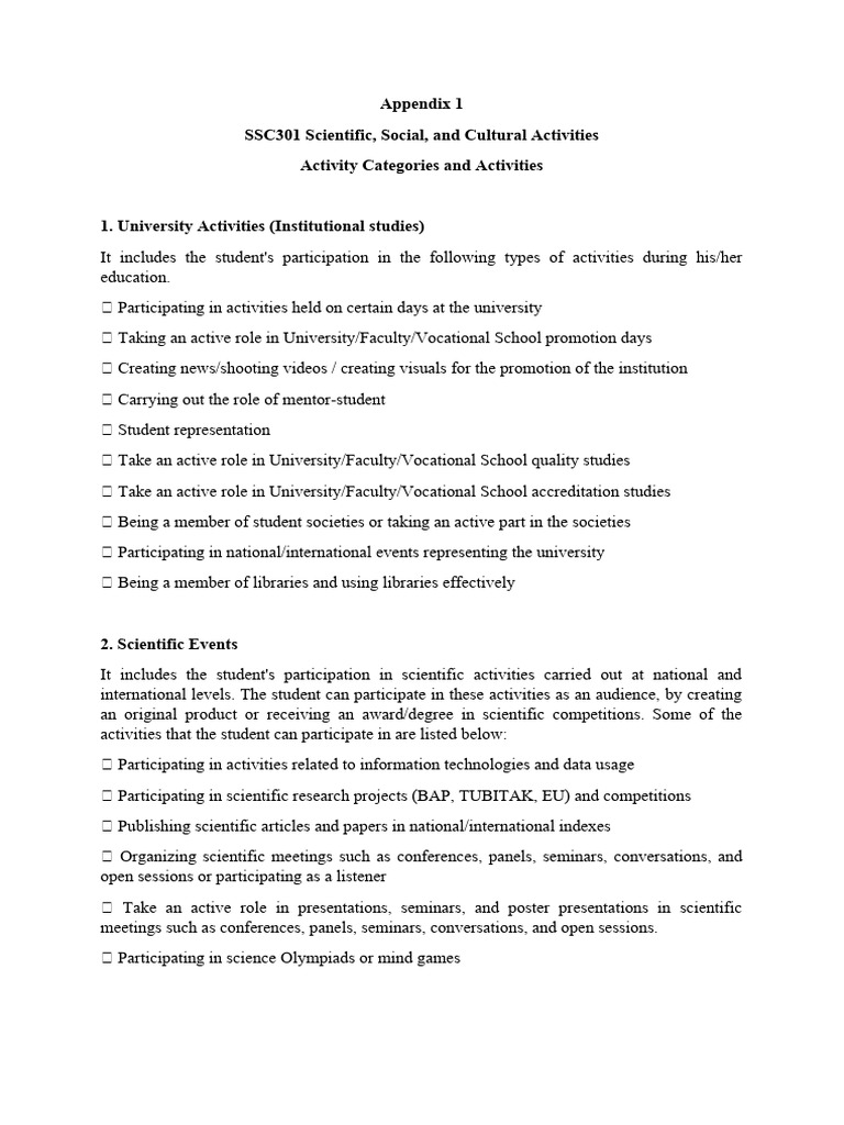 Appendix 1 - Activity Categories and Activities | PDF | Performing Arts ...