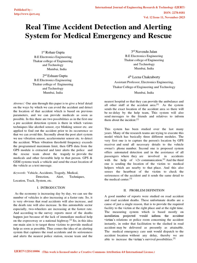 Real Time Accident Detection and Alerting System For Medical Emergency ...