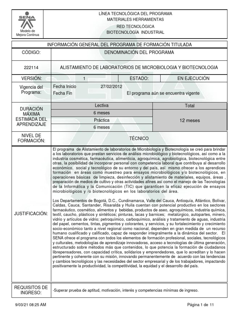 Informe Programa - TC ALISTAMIENTO DE LABORATORIOS DE MICRO Y BIOTEC | PDF | Laboratorios ...
