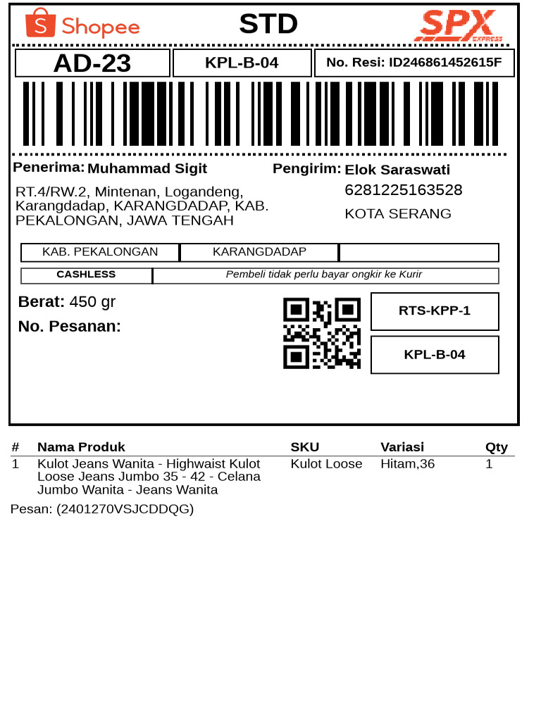 Resi Pengiriman Kulot Jeans Shopee | PDF