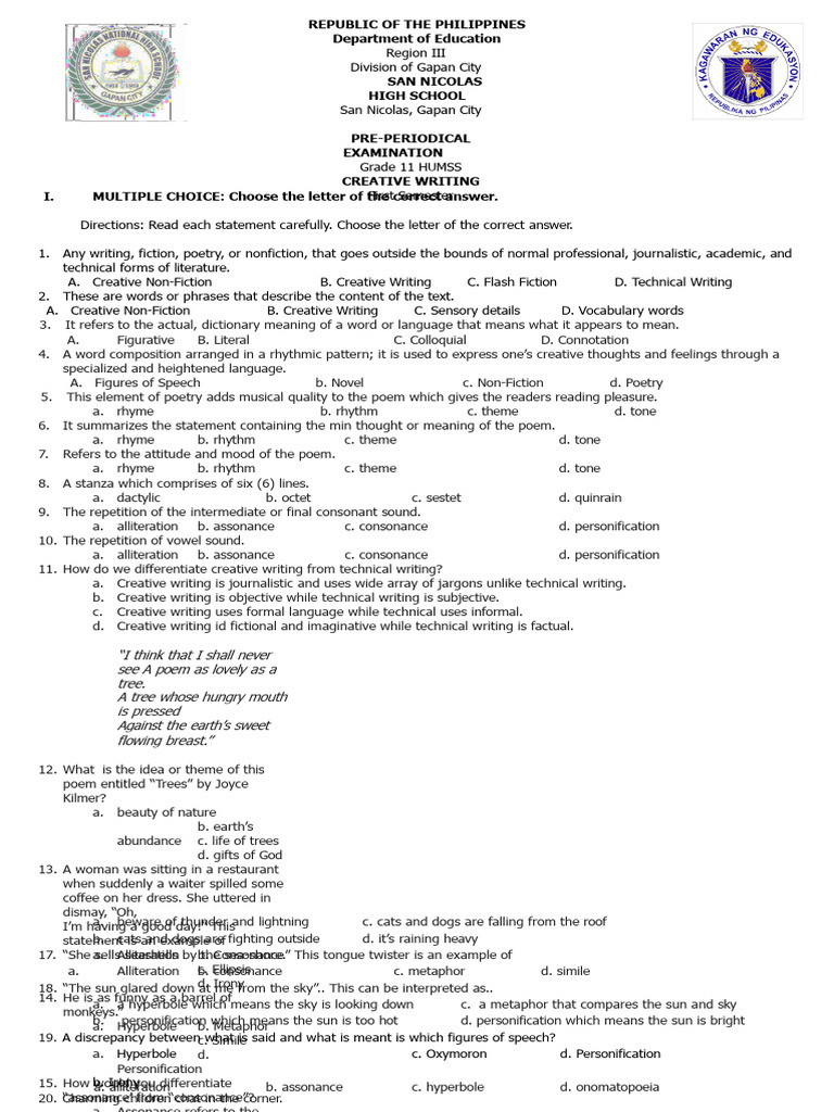 Creative Writing Test g11 | PDF | Poetry | Rhetoric