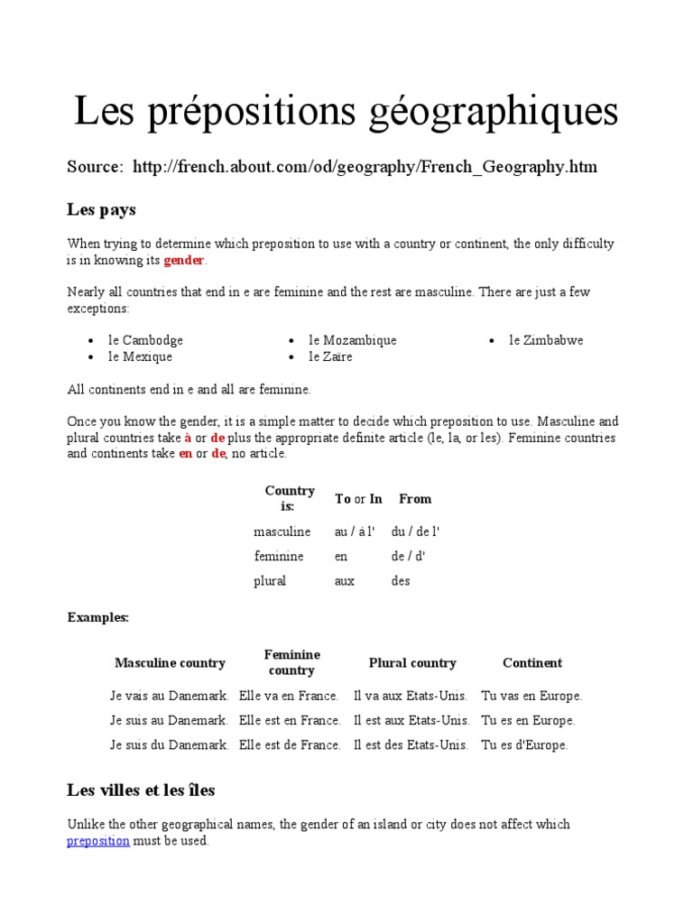 Prepositions Pays | PDF | Grammatical Gender | U.S. State