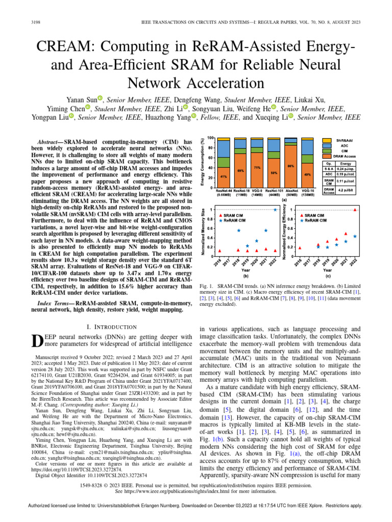 Cream Computing In Reram Assisted Energy And Area Efficient Sram For Reliable Neural Network