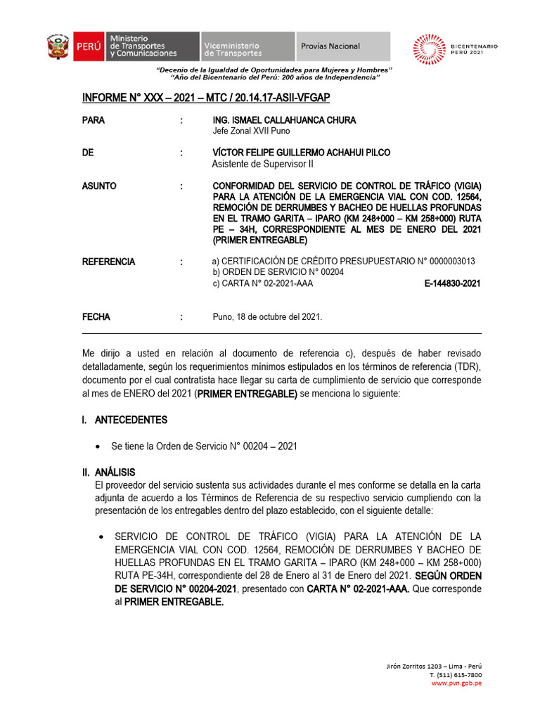 INFORME #CONFORMIDAD VIGIA GARITA - IPARO 1er y 2do Entregable | PDF | Perú