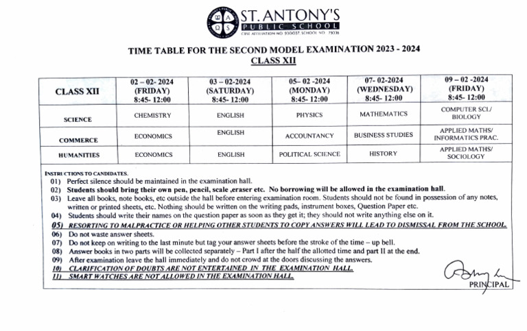 Class XII Model Exam Timetable 2024 | PDF | Applied Mathematics | Science