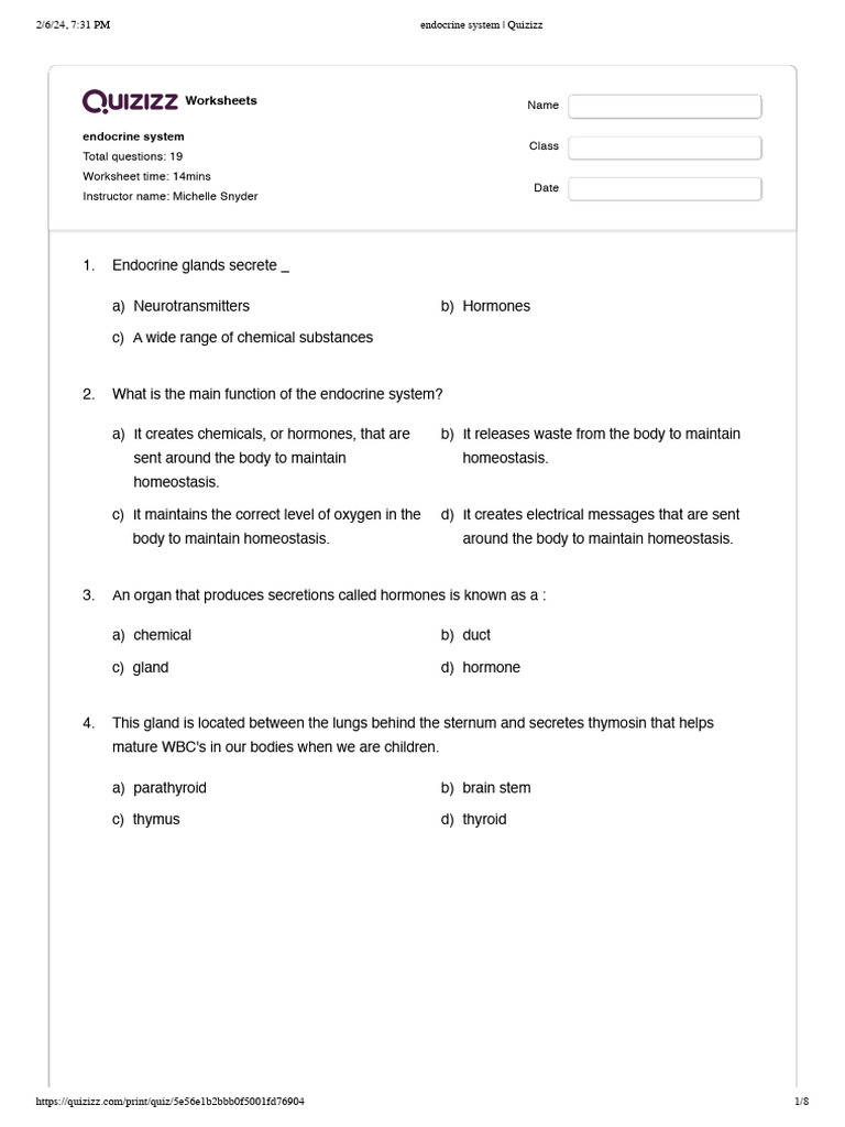 Endocrine System - Quizizz | PDF | Endocrine System | Hormone