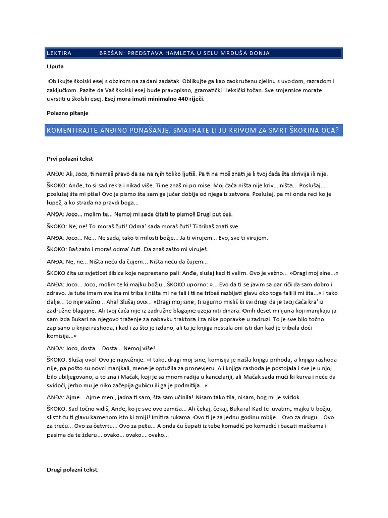 Lektira Predstava Hamleta U Selu Mrduša Donja Esej Smjernice | PDF