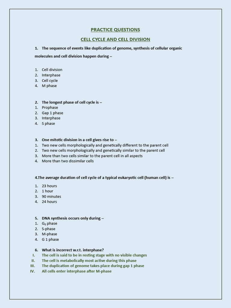 Practice Questions Cell Cycle | PDF | Mitosis | Molecular Biology