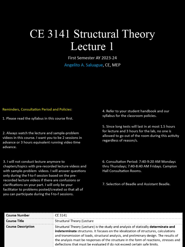 CE 3141 Structural Theory Lecture 1 2023 | PDF | Structural Analysis ...