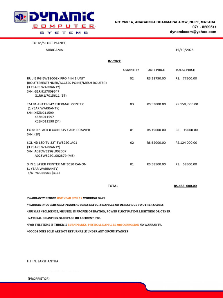 MR - Dhanushka HOTEL - INVOICE | PDF