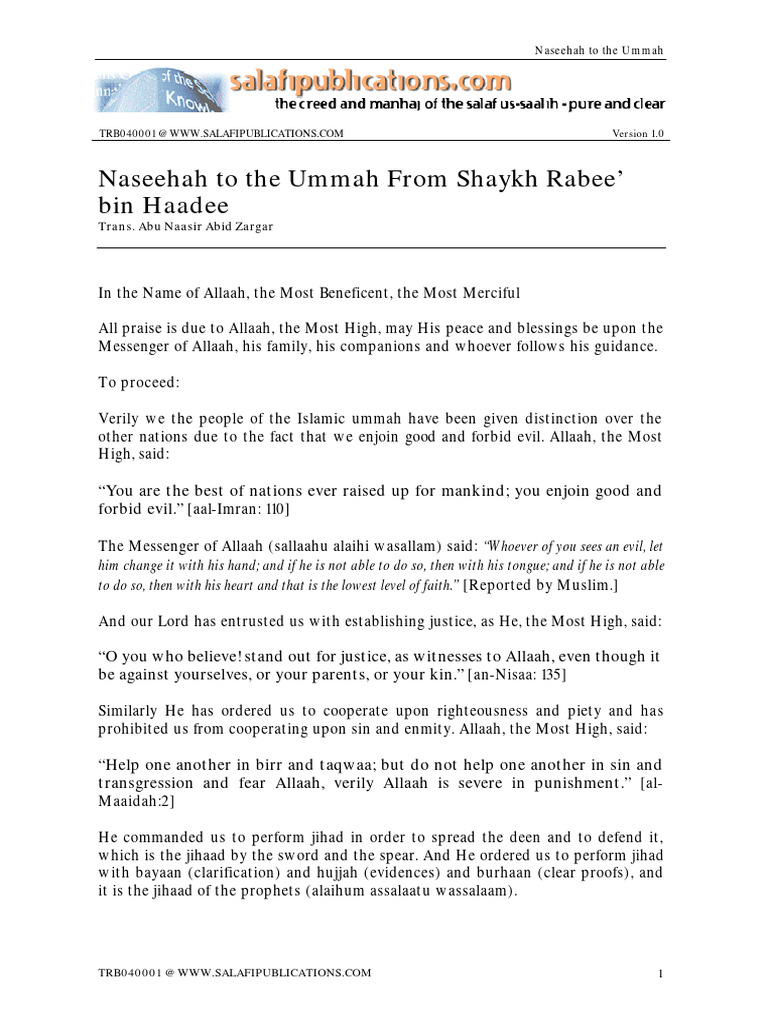 General Advice To The Ummah From Shaykh Rabee' Bin Haadee | PDF | Prophets And Messengers In ...
