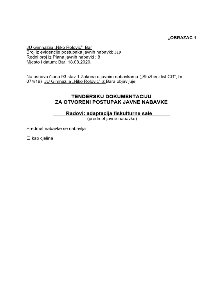 Pref - Tender - Gimnazija Bar, Tenderska Dokumentacija | PDF