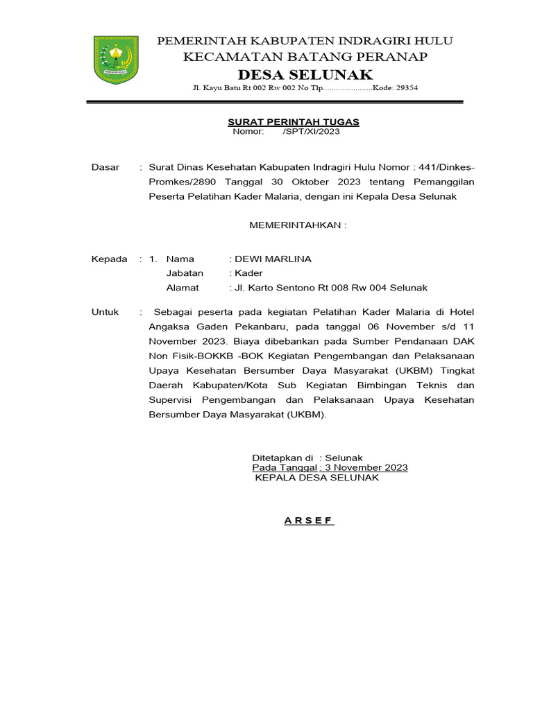 Contoh SPT Pelatihan Kader Malaria | PDF