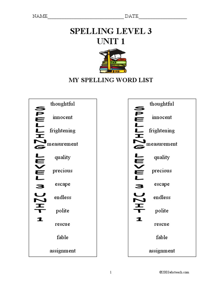 Spelling Level 3 Unit 1: My Spelling Word List | PDF | Cognition ...