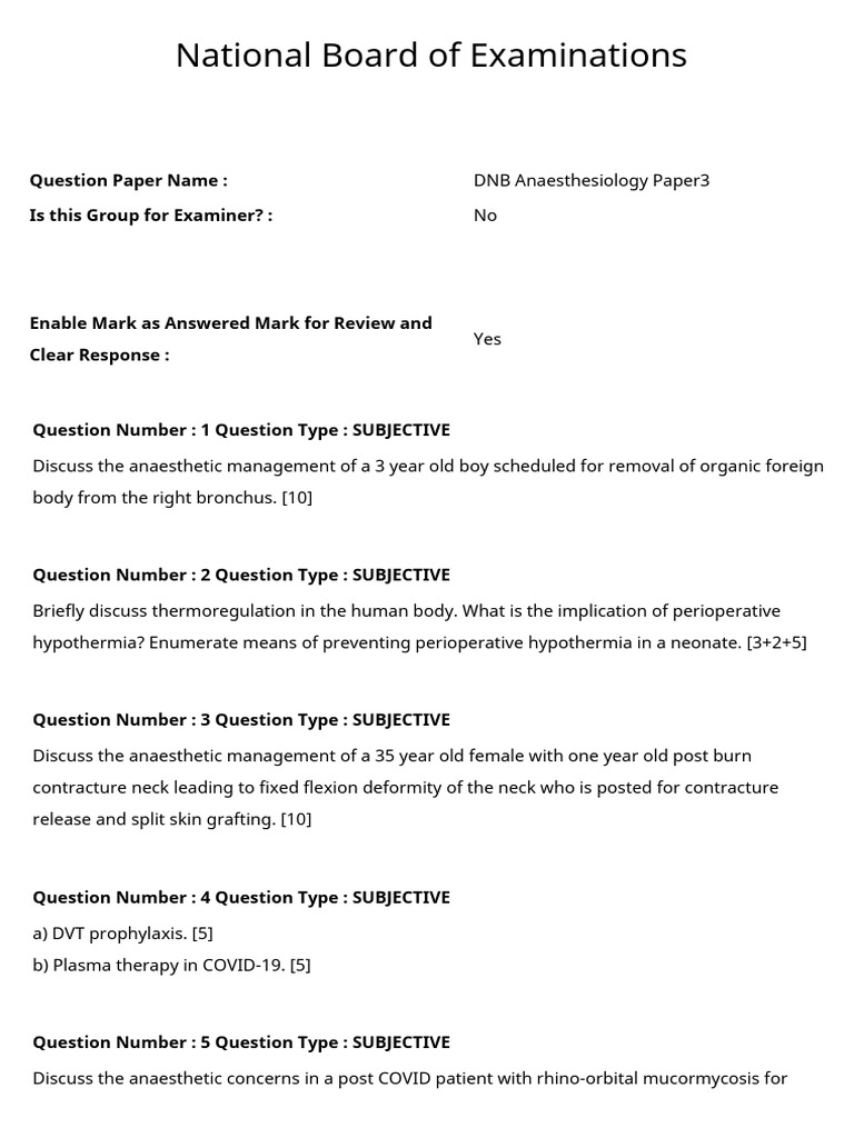 DNB Anaesthesiology Paper3 2021 | PDF