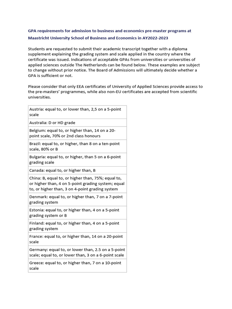 Pre-Master GPA Guide for Int'l Students | PDF | Educational Stages ...