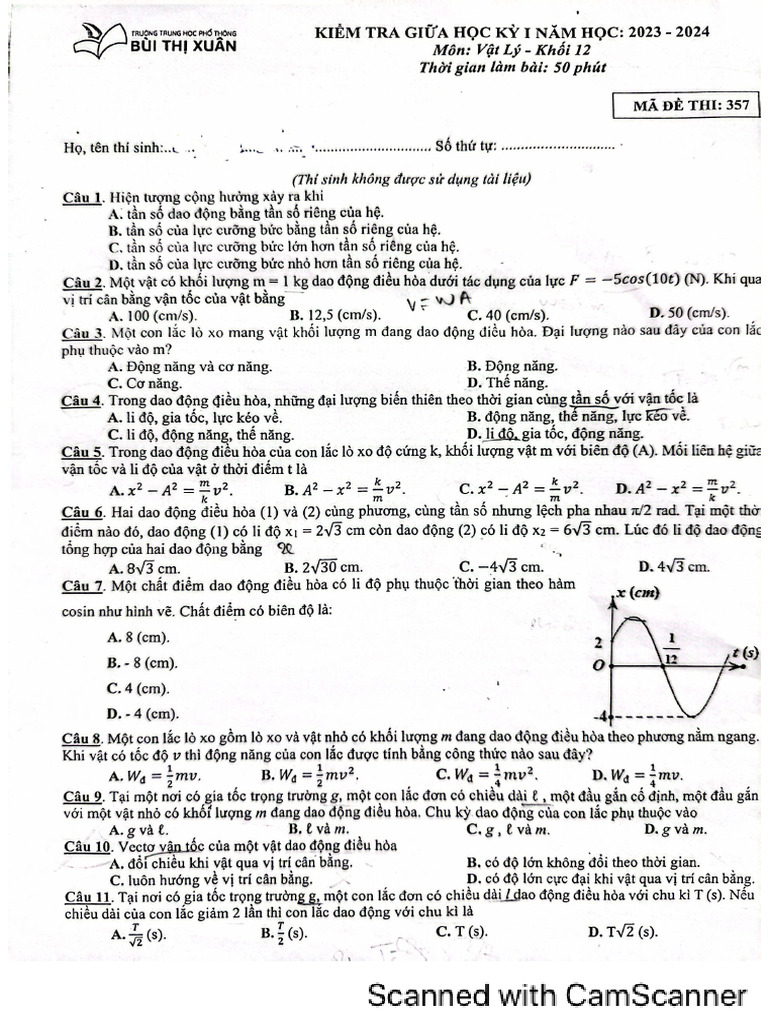 Giua Ki 1 Ly 12 BTX | PDF