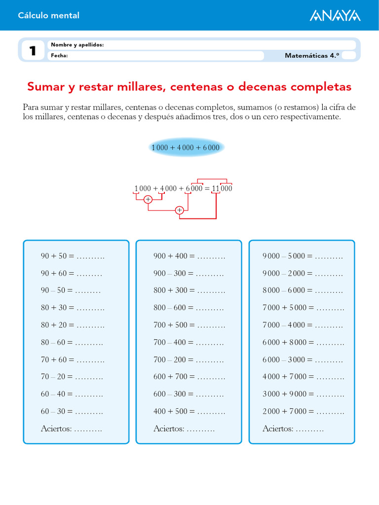 Sumar y Restar Millares, Centenas o Decenas Completas: Cálculo Mental | PDF
