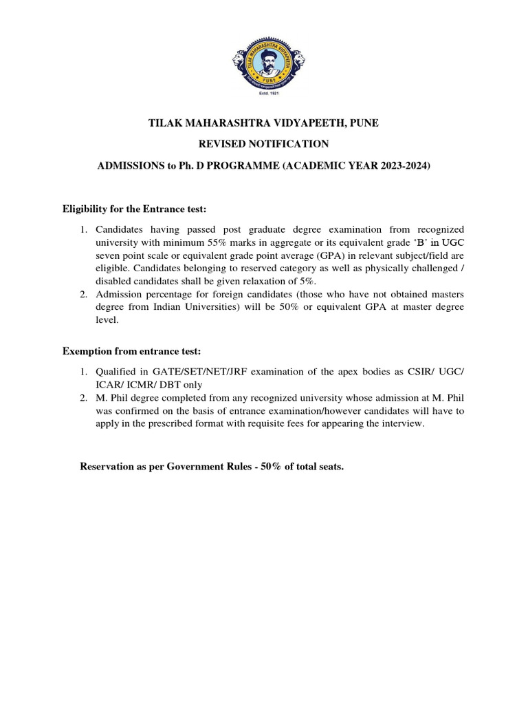 Revised PHD Notification 2023-2024 - 10!07!2023 | Download Free PDF | Vocational Education ...
