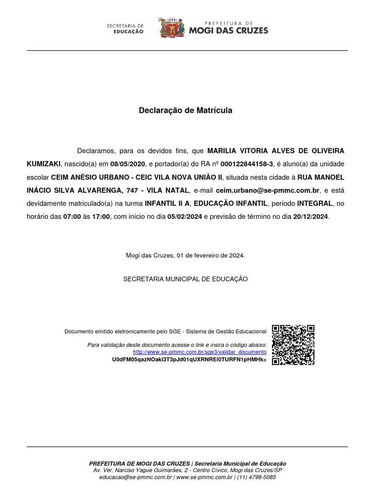 Declaracao de Matricula Escolar | PDF Declaracao de Matricula Escolar | PDF