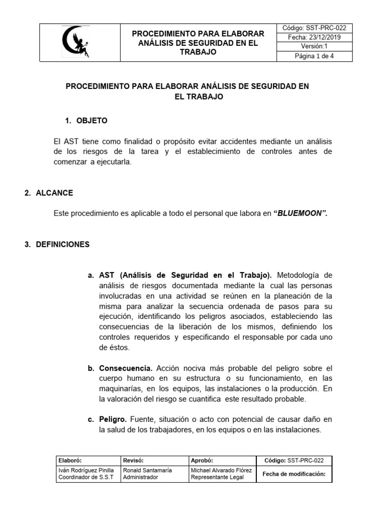 SST-PRC-022 Procedimiento para Elaborar AST | PDF | Riesgo