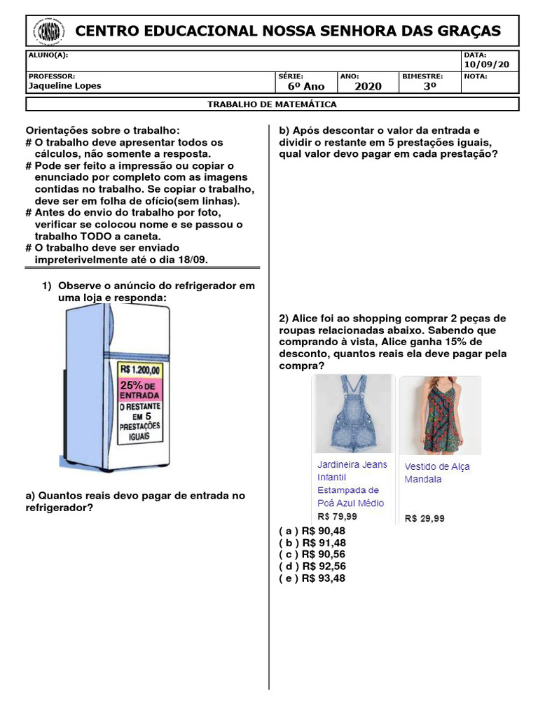 Trabalho 6º Ano Matemática | PDF