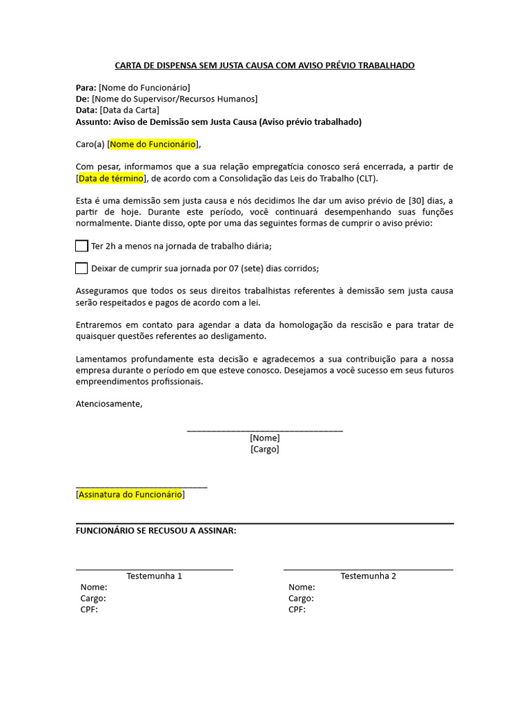 Modelo - Carta e Dispensa Sem Justa Causa Com Aviso Prévio Trabalhado | PDF