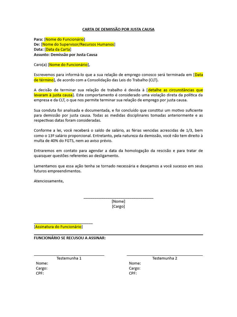 Modelo - Carta de Demissão Por Justa Causa | PDF | Carreira e Crescimento