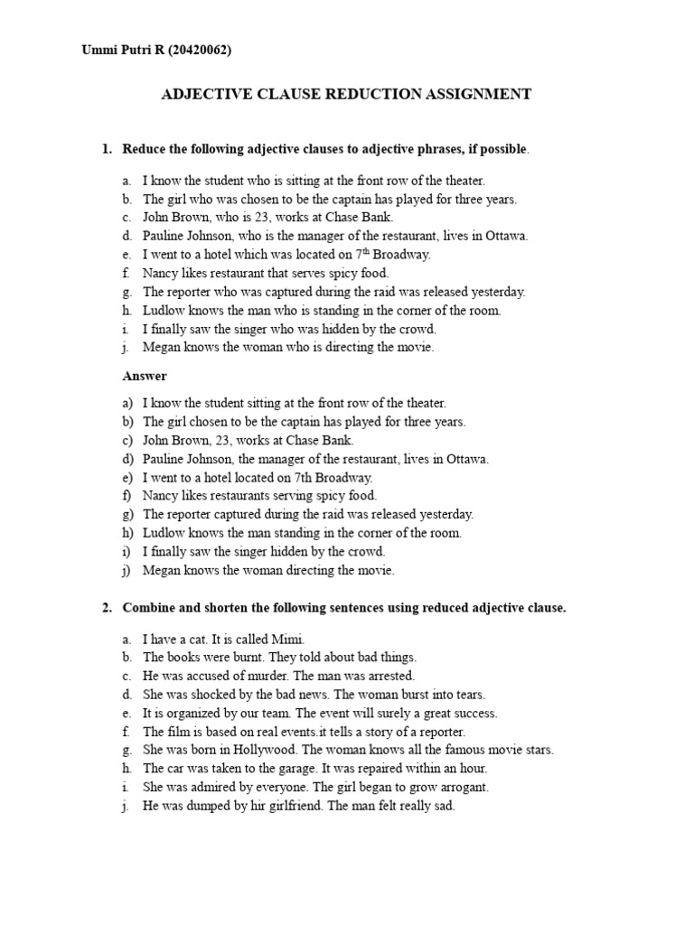 Adjective Clause Reduction Assignment | PDF | Linguistics | Syntax