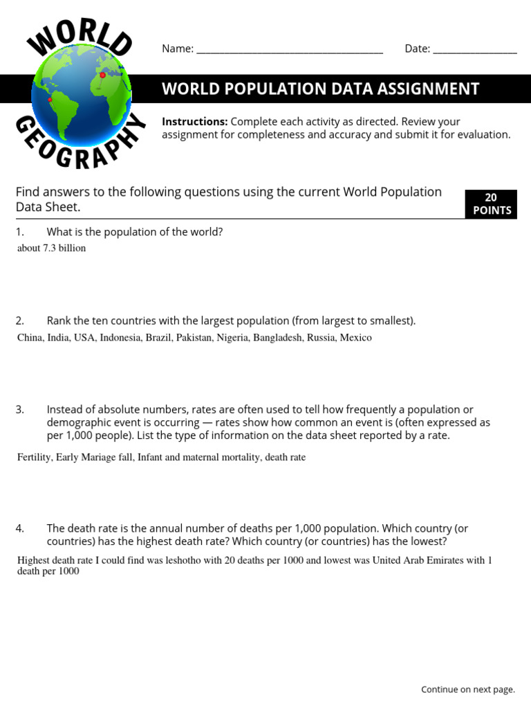 World Geography Population Data Assignment | Download Free PDF | Total ...