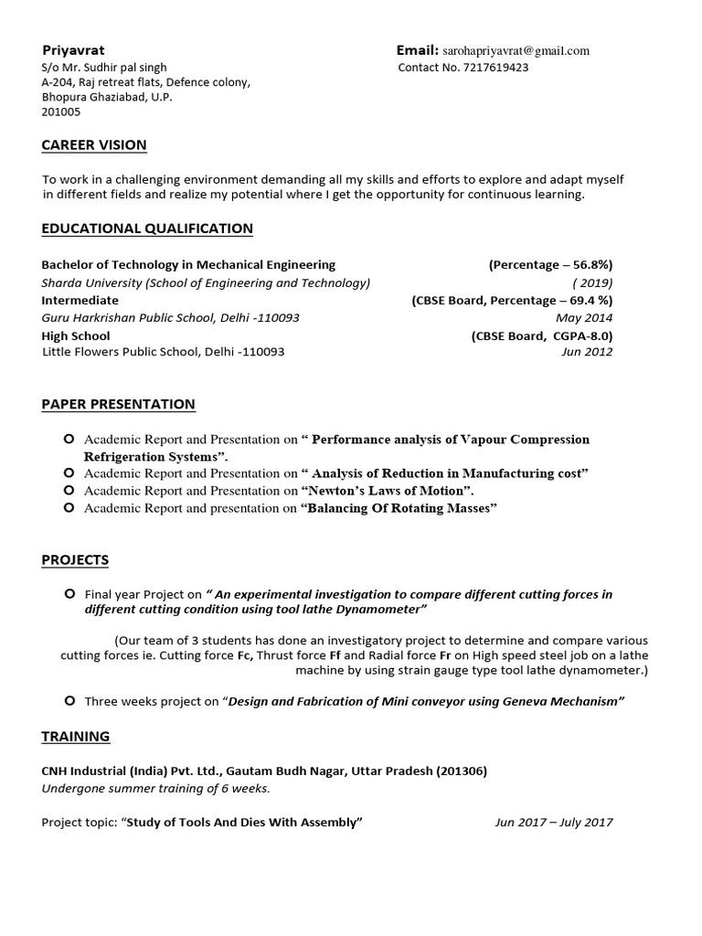 Priyavrat CV 2019 | PDF | Force