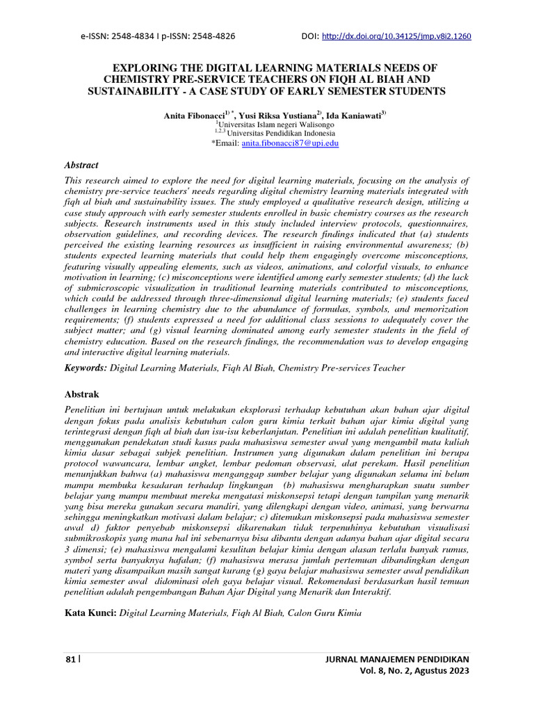 Exploring The Digital Learning Materials Needs of Chemistry Pre-Service Teachers On Fiqh Al Biah ...