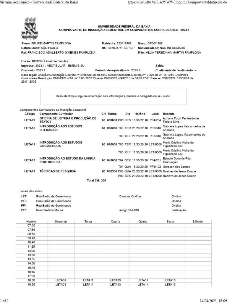 Horário e Inscrição em Letras UFBA | PDF | Pós-graduação | Instituições ...