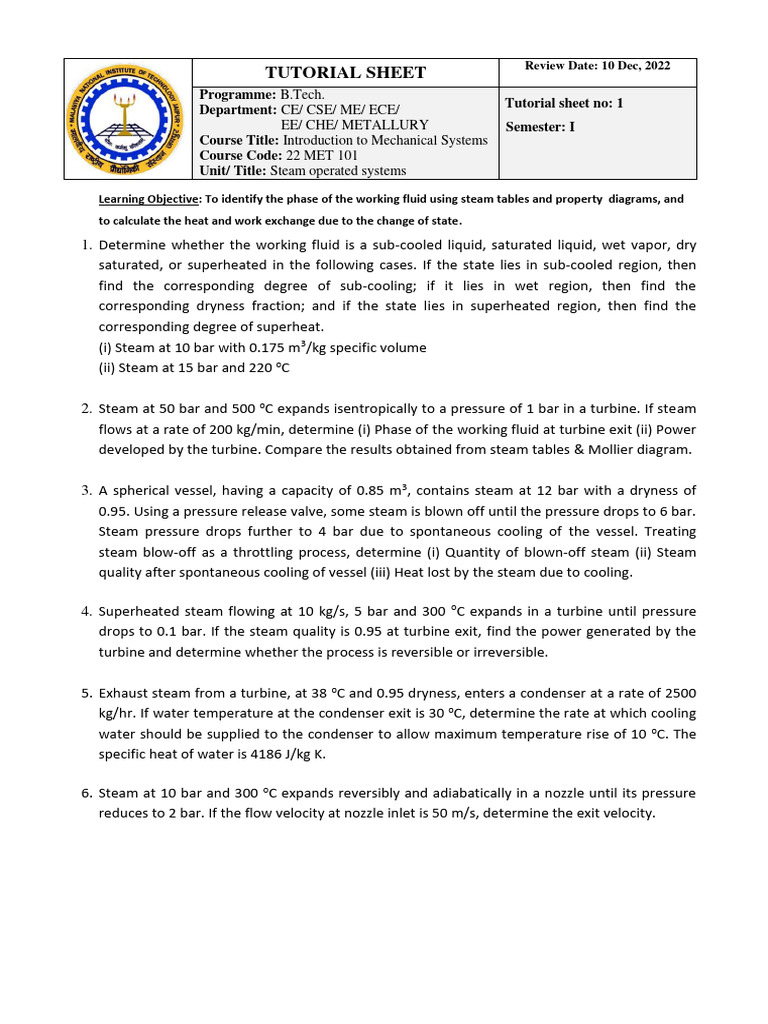 Tut-Sheet 01 | PDF | Steam | Turbine