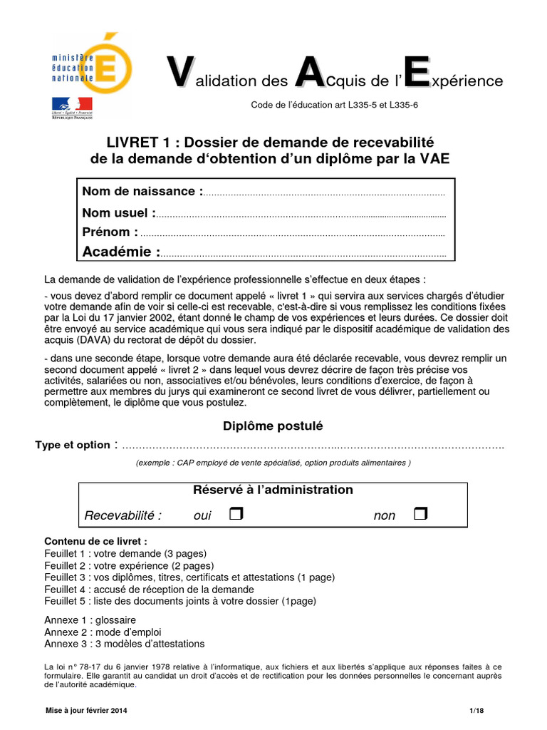 Validation des Acquis de l'Expérience : Livret de Recevabilité | PDF ...