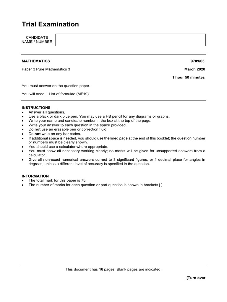 Pure Mathematics 3 Exam 9709/03 | PDF | Tangent | Mathematical Concepts