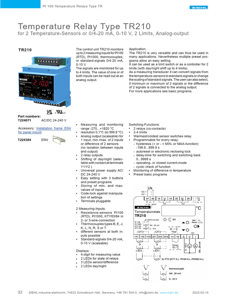 TR210 Datasheet ZIEHL e 2023-03-14 | PDF | Relay | Thermometer