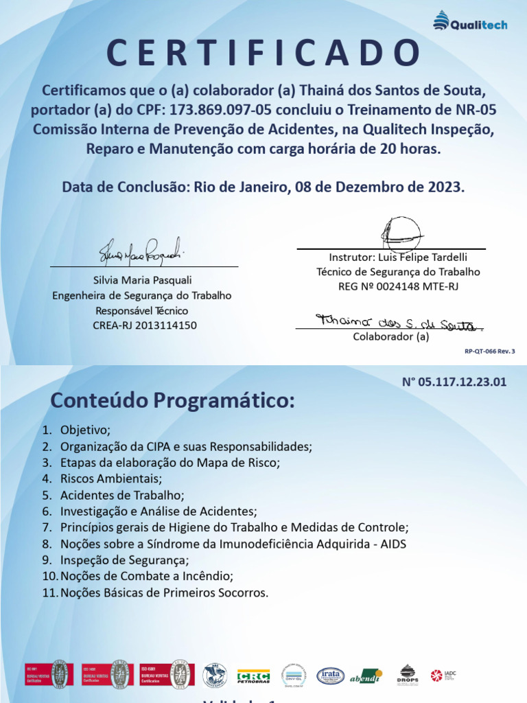 NR-05 - Certificado de Treinamento | PDF