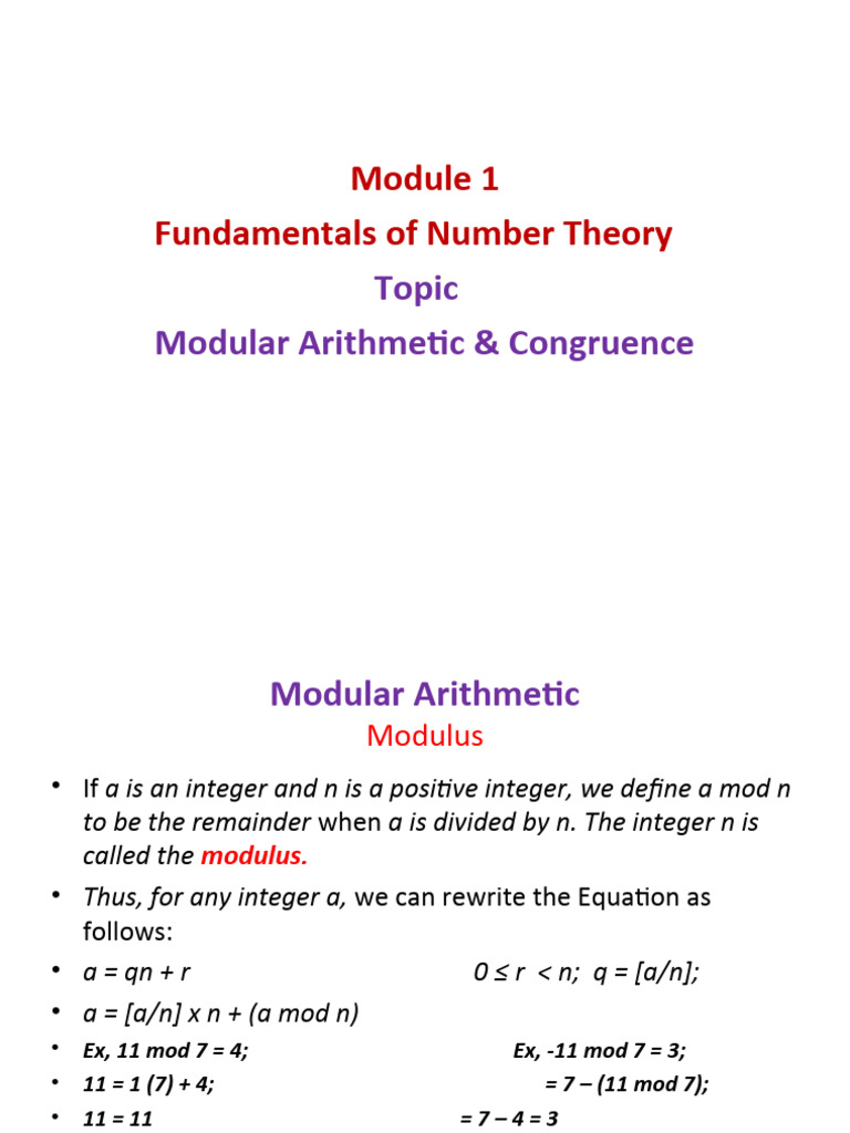 4-Introduction To NT, Modu. Arith & Congruence-09!01!2024 | PDF | Ring Theory | Algebra